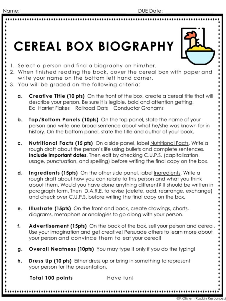 Book Report- Cereal Box Biography - Rockin Resources