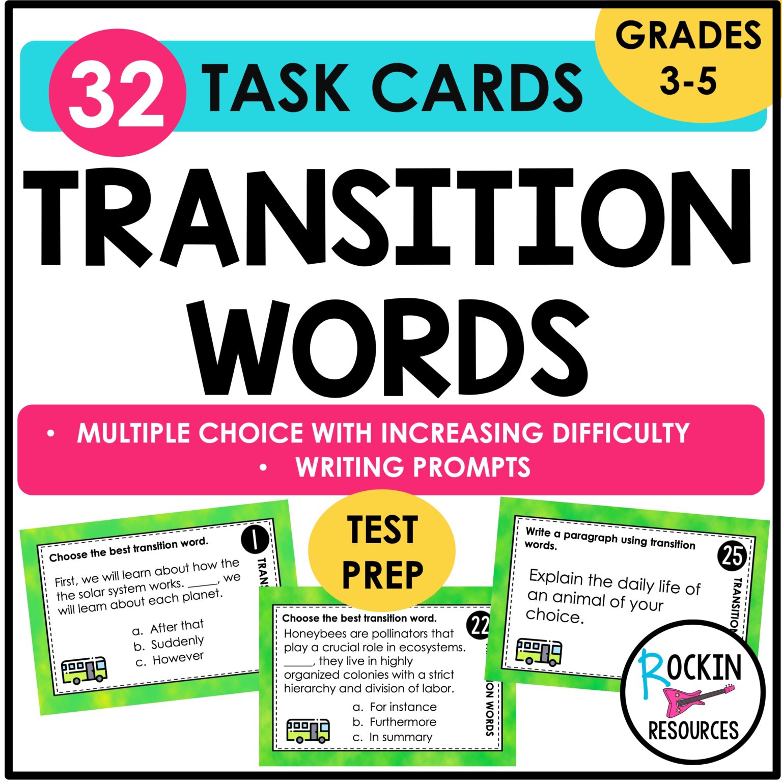 TRANSITION WORDS TASK CARDS, Writing Task Cards, Writing Skills ...