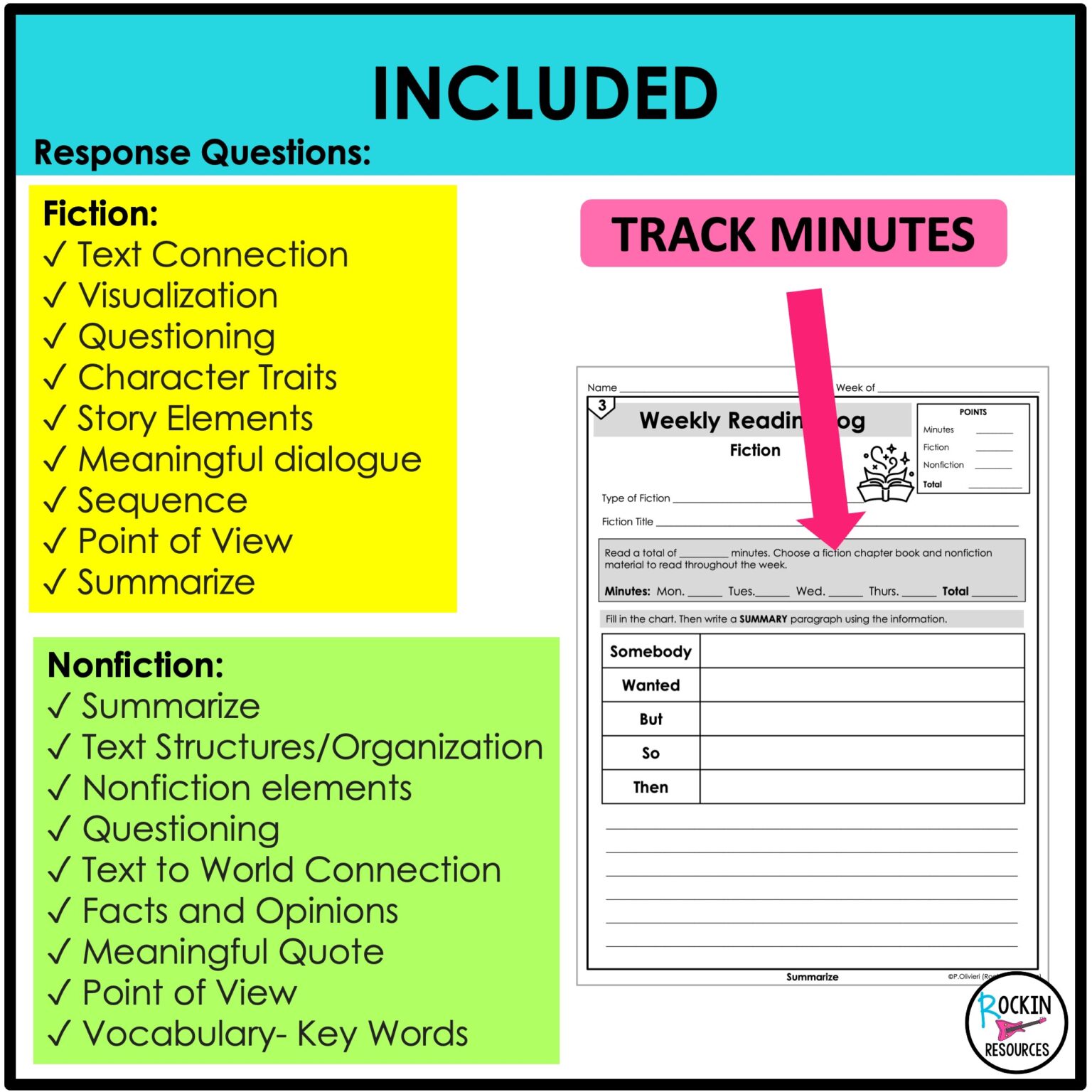 Editable Weekly Reading Log - Fiction and Non Fiction - Rockin Resources