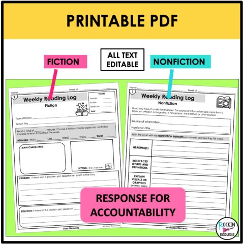 Editable Weekly Reading Log - Fiction and Non Fiction - Rockin Resources