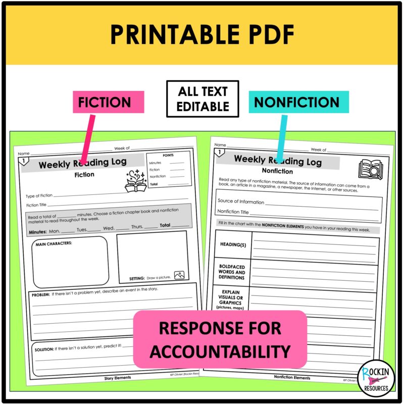 Editable Weekly Reading Log - Fiction and Non Fiction - Rockin Resources