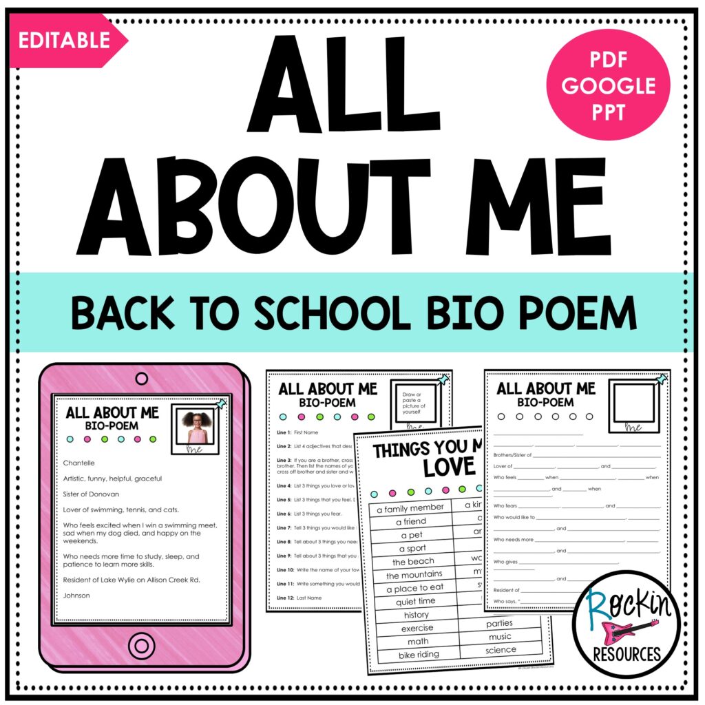 All About Me Bio Poem | Back to School | First week of School - Rockin ...